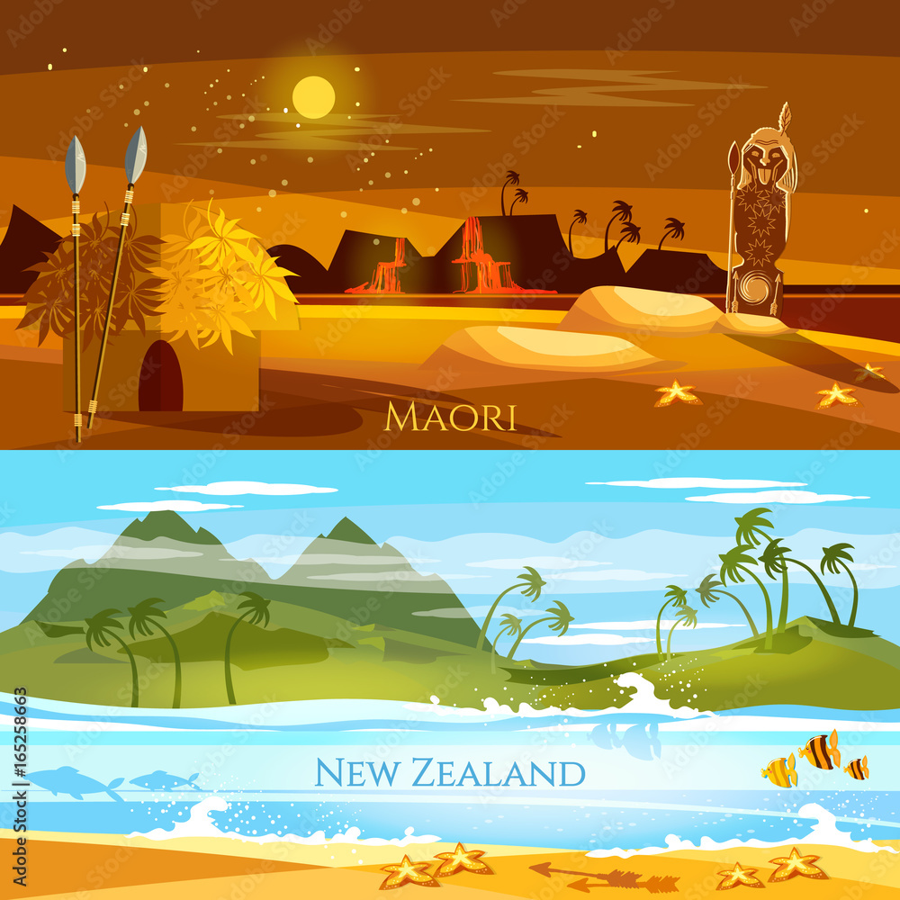 New Zealand banners. Tradition and culture New Zealand. Mountains and ...