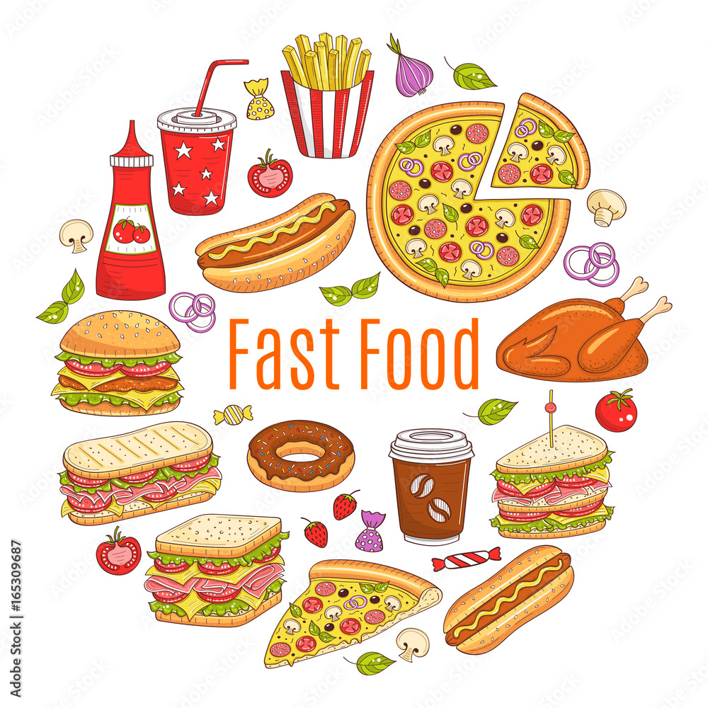 เวกเตอร์ Stock Vector sketch illustration of fast food circular shaped ...