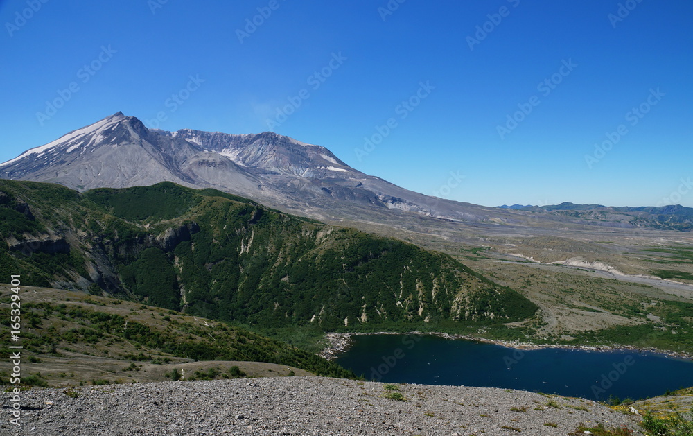 Mount St. Helens volcano and Spirit Lake 35 years after eruption. One ...