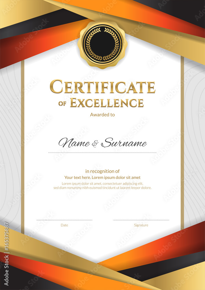 Portrait luxury certificate template with elegant golden border frame, Diploma design for ...