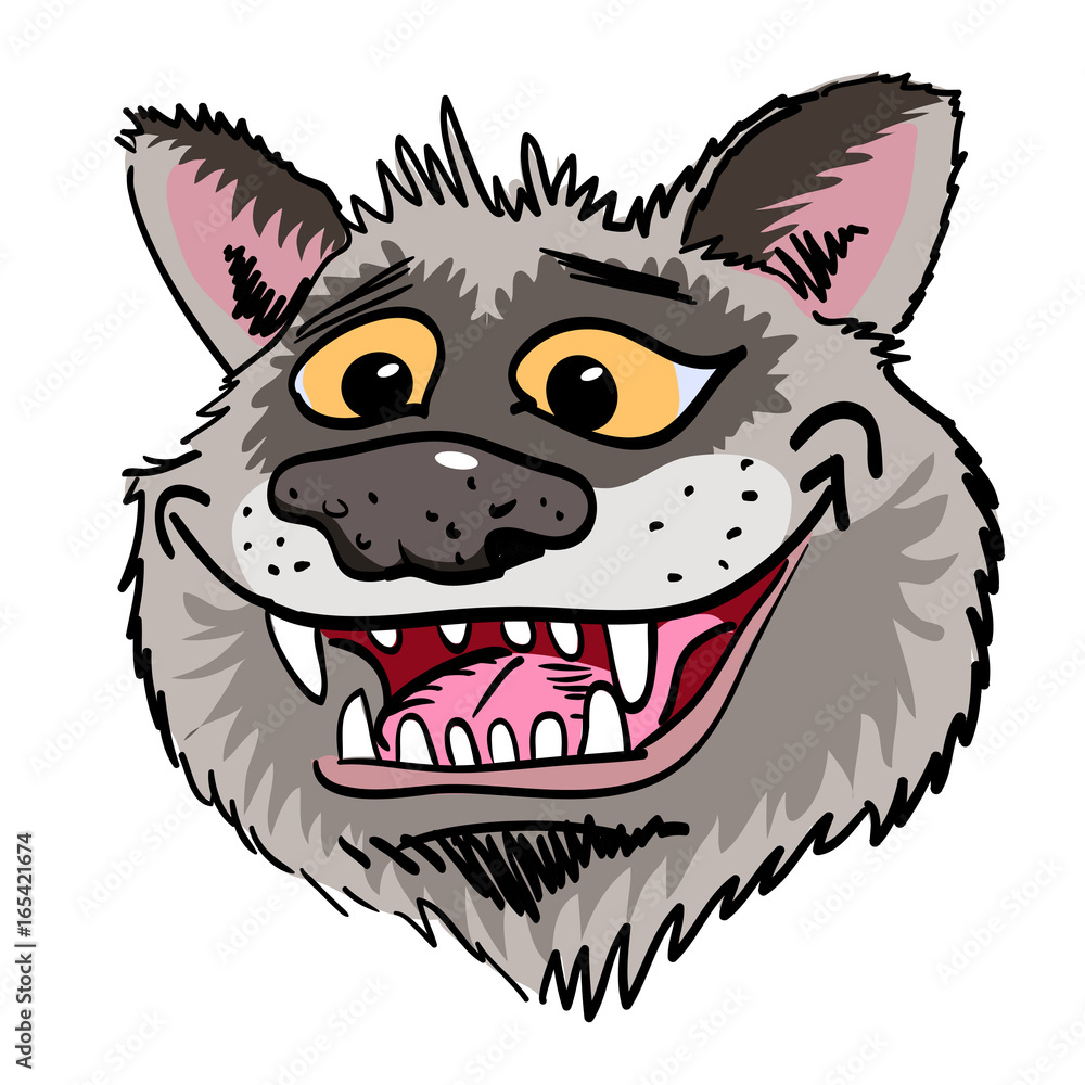 Cartoon image of grinning wolf face. An artistic freehand picture ...