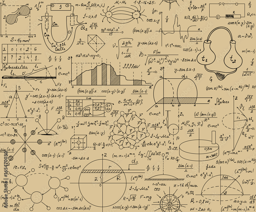 Scientific vector seamless pattern with physical and math formulas, figures, task solutions ...