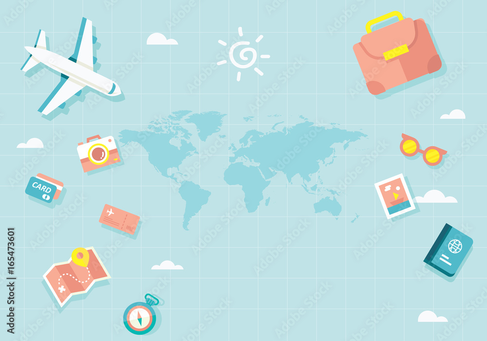 Funny travel icons and map of the world Stock Vector | Adobe Stock