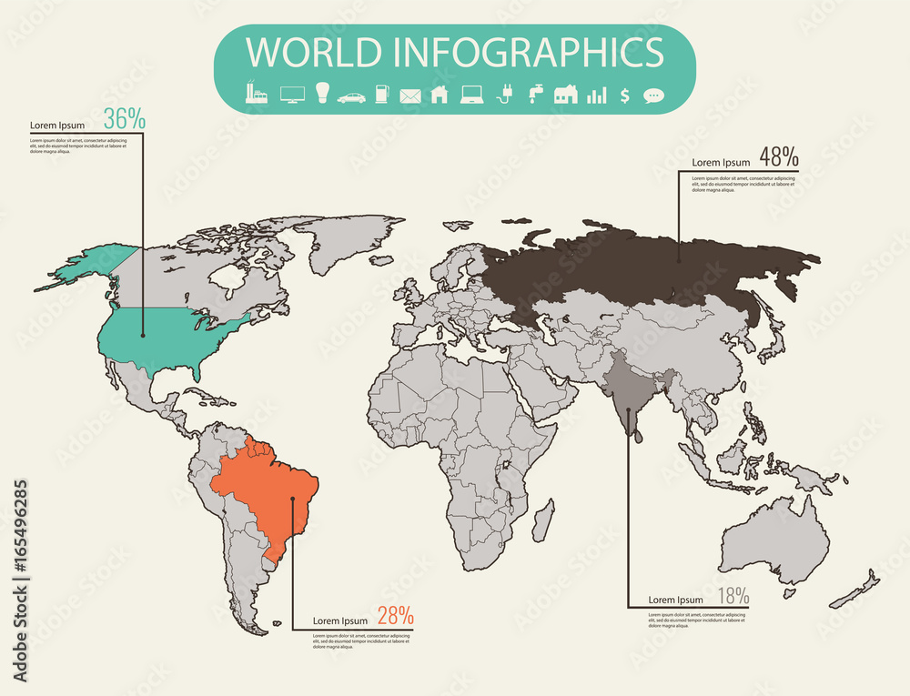 World map infographic template. All countries are selectable. Vector ...