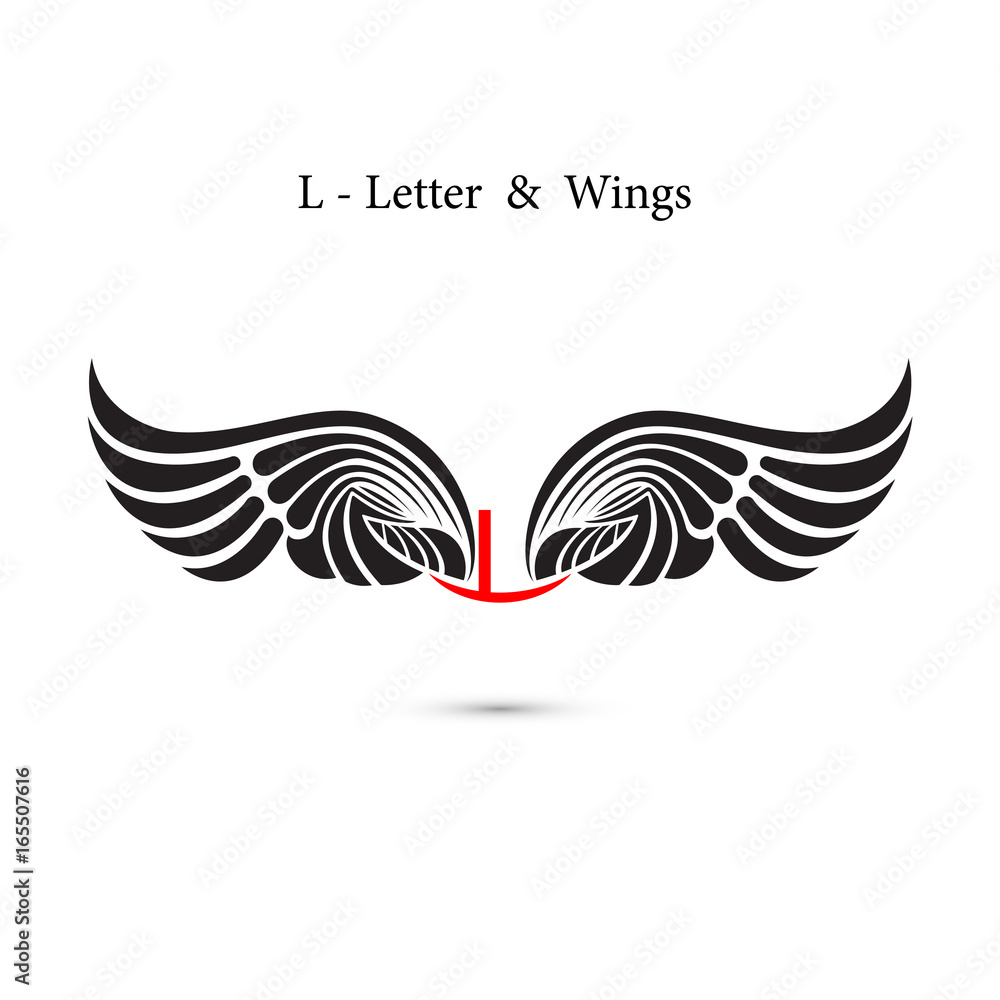 L-letter sign and angel wings.Monogram wing logo mockup.Classic emblem ...