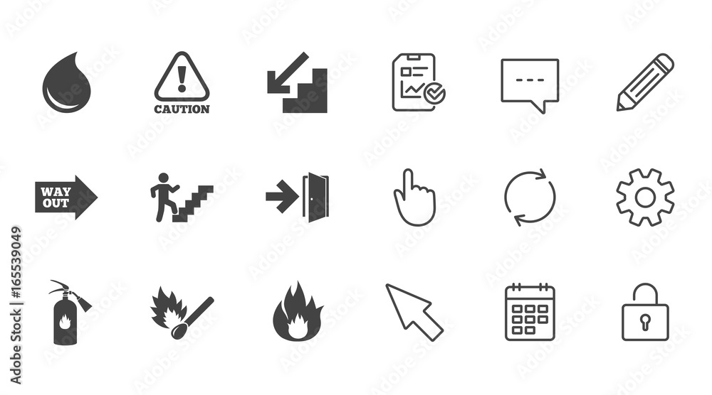 Fire safety, emergency icons. Fire extinguisher, exit and attention ...