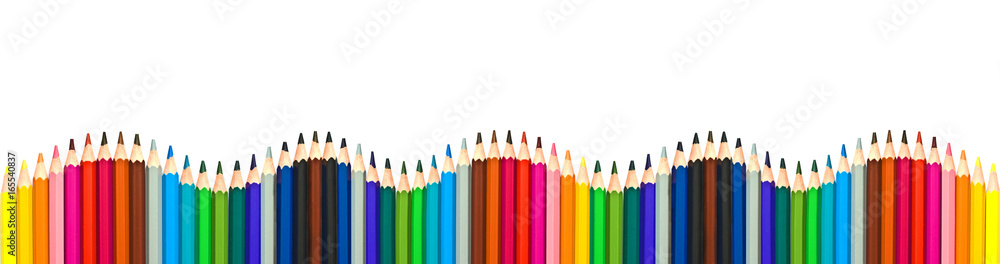 Wave of colorful wooden pencils in a row isolated on white background ...
