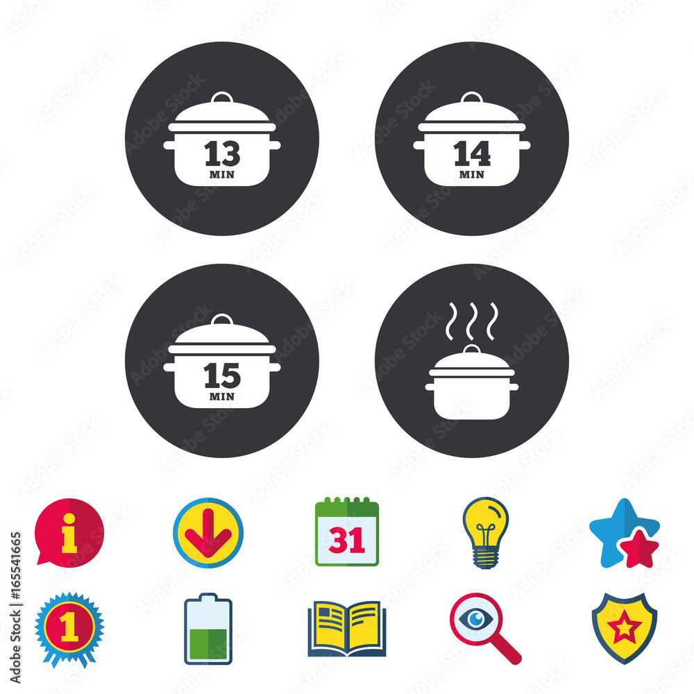 Cooking pan icons. Boil 13, 14 and 15 minutes signs. Stew food symbol ...