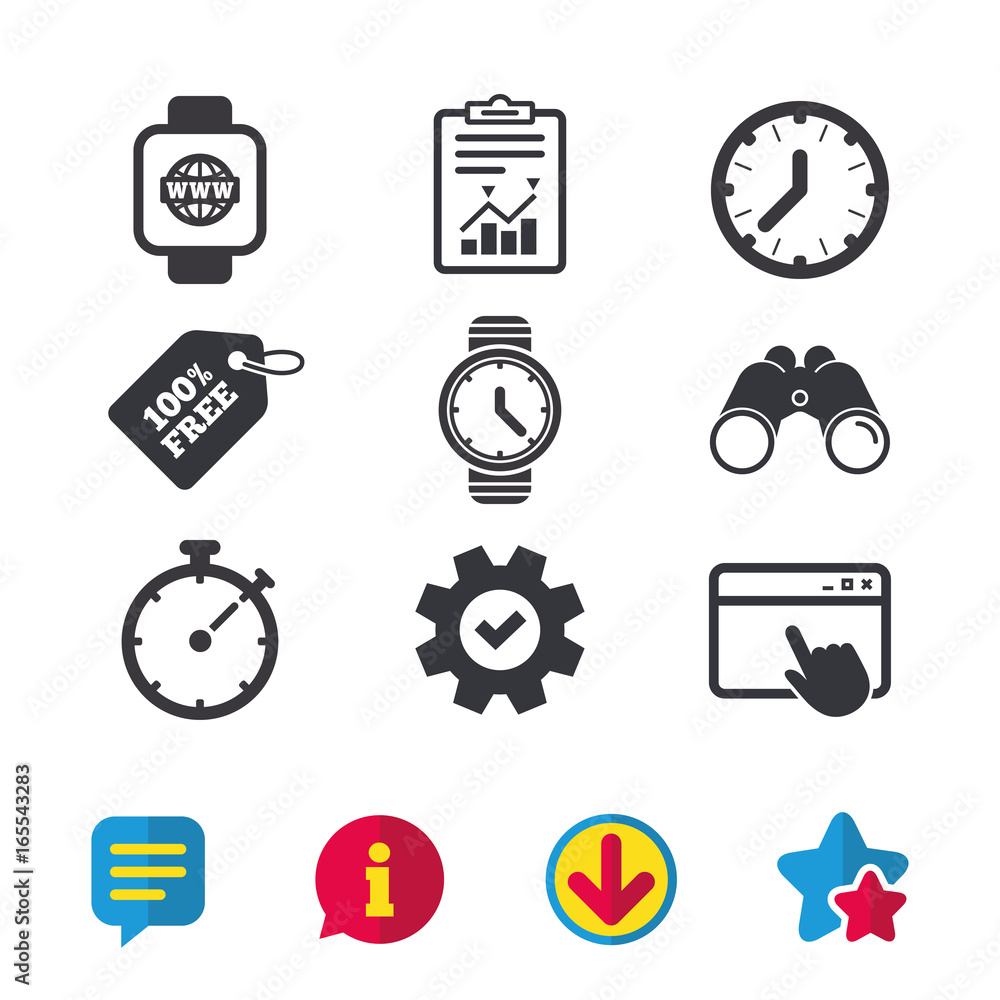 Smart watch with internet icons. Mechanical clock time, Stopwatch timer ...
