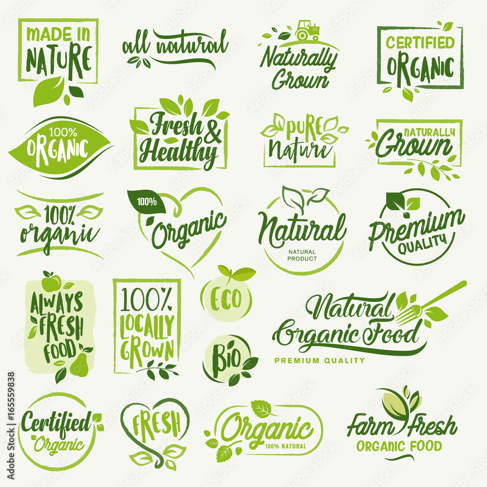 Organic food, farm fresh and natural product labels and badges ...