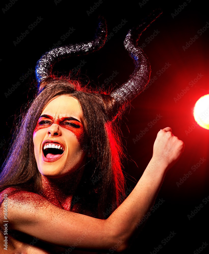 Photo Stock Black magic ritual of mad satan woman cry in hell on ...