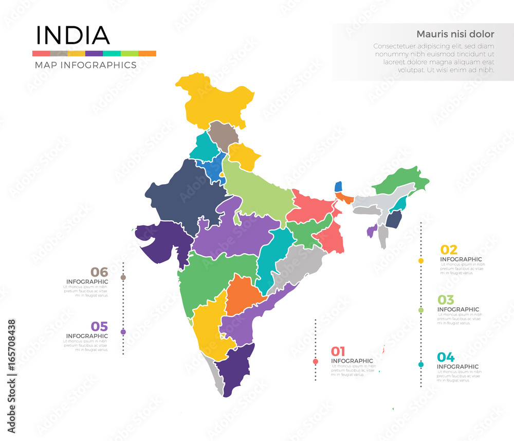 India country map infographic colored vector template with regions and ...