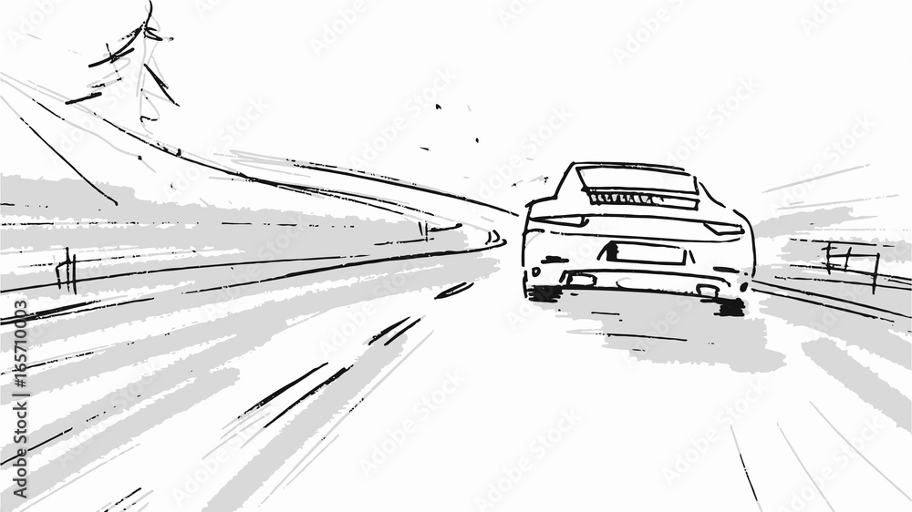 Car driving through the road. Vector sketch illustration for advertise ...