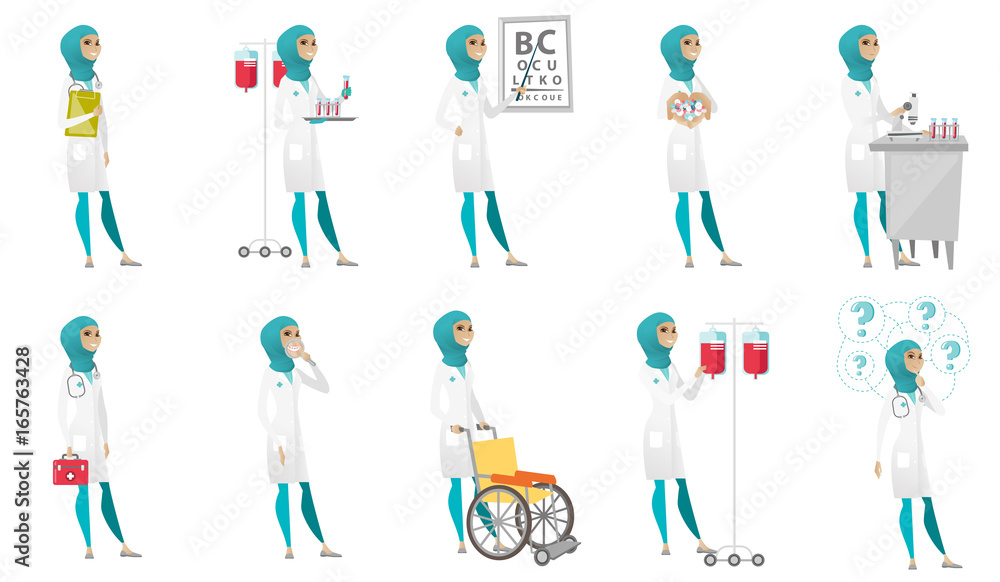Muslim doctor vector illustrations set. Stock Vector | Adobe Stock