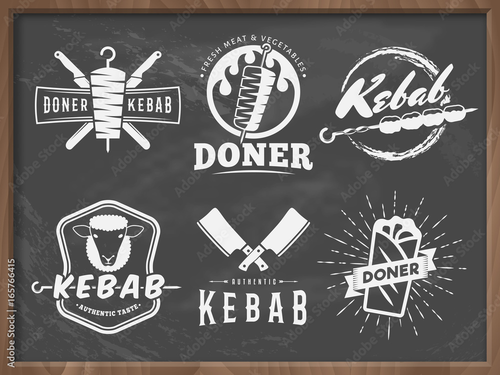 Doner kebab logos. Vector kebab badges with traditional eastern grill ...