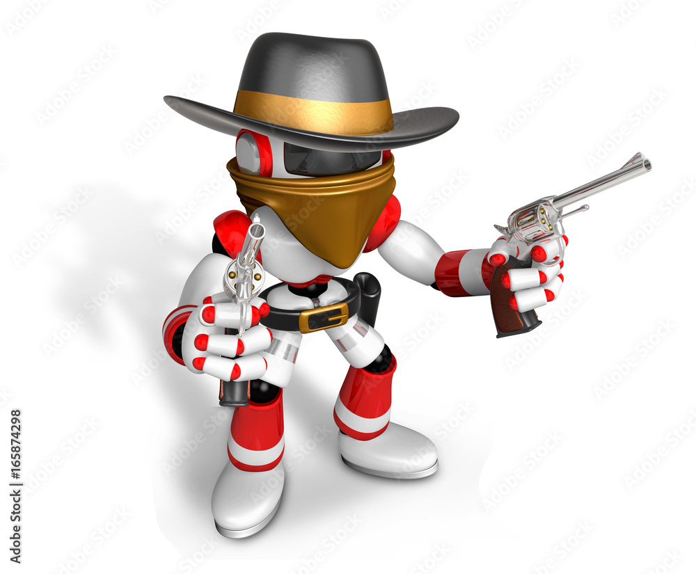 The 3D Red Robot villain holding a revolver gun with both hands. Create ...