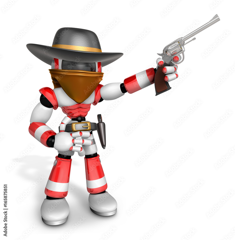 3D Red Robot villain is taking pose a gunfight. Create 3D Humanoid ...
