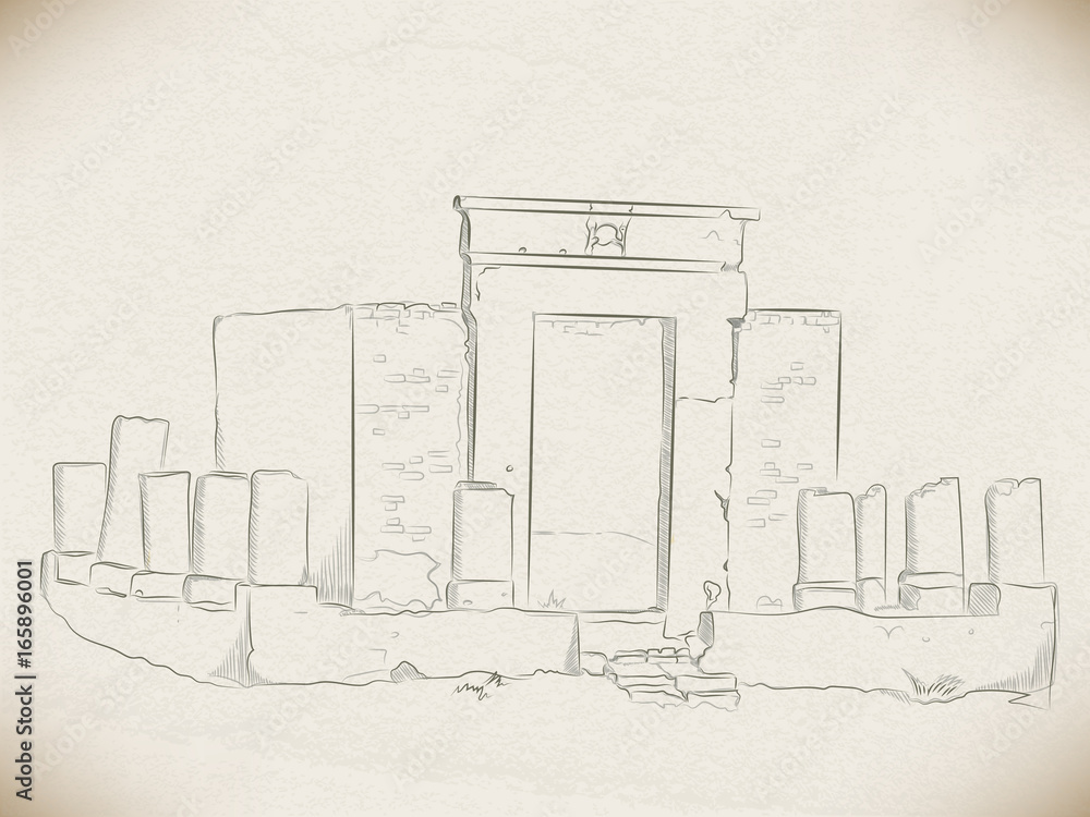 vector sketch with a pencil: the ruins of a Christian sanctuary in the ...