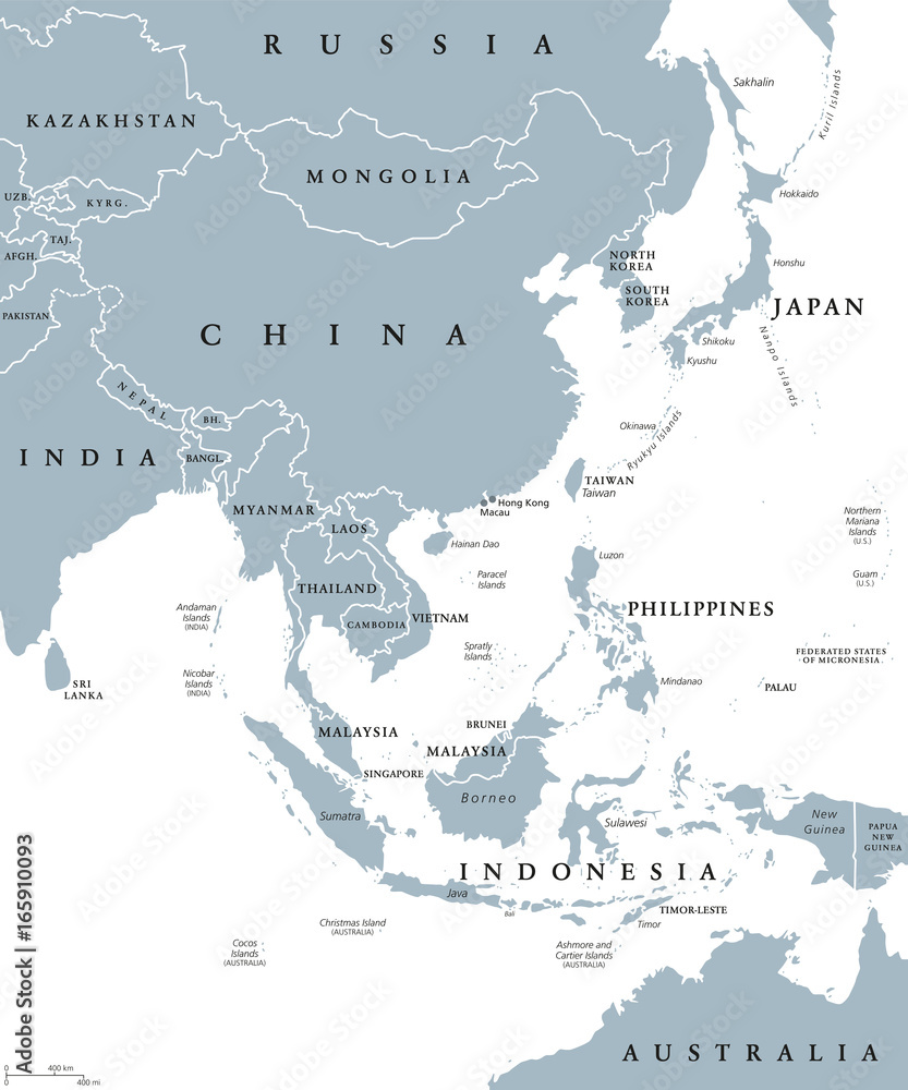East Asia political map with countries and borders. Eastern subregion ...