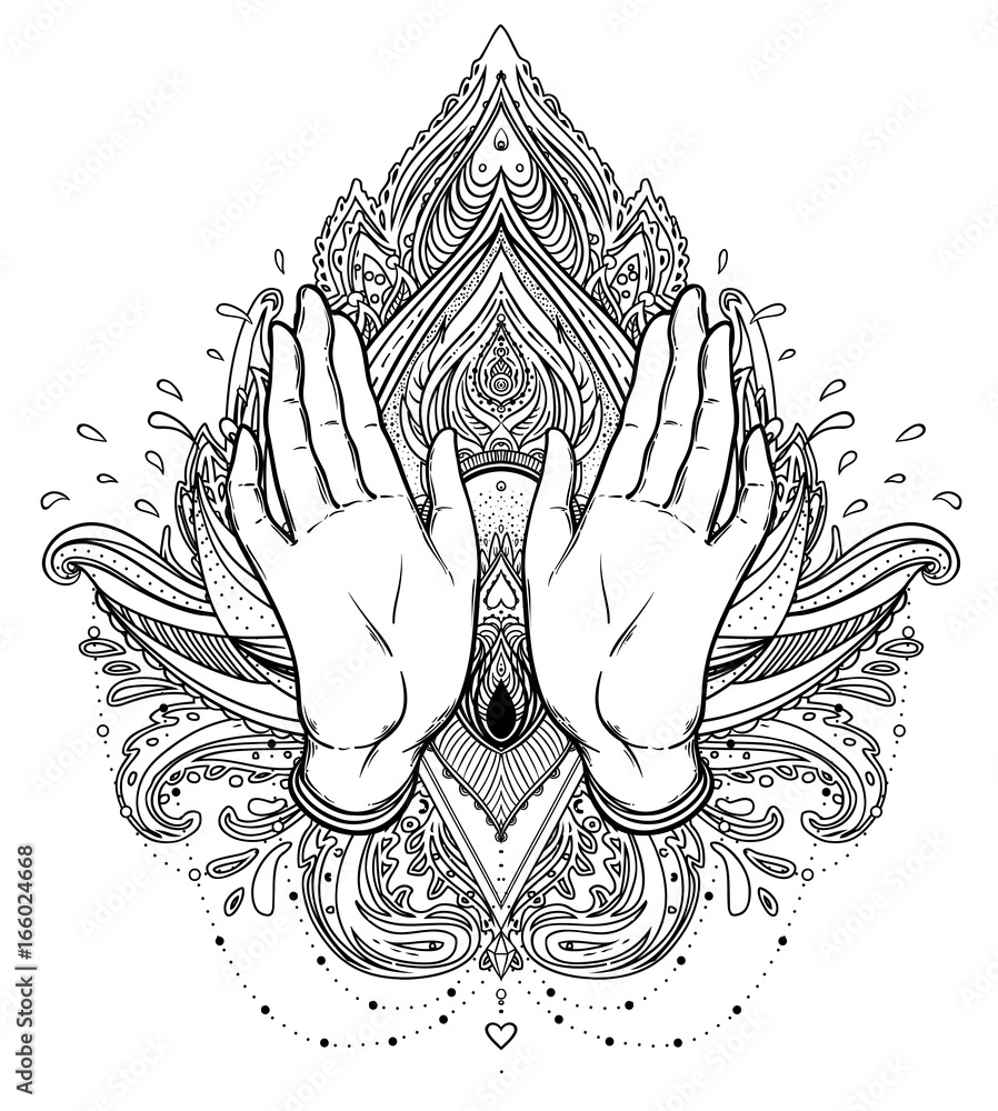 Vector ornamental Lotus flower and praying hands, patterned Indian ...