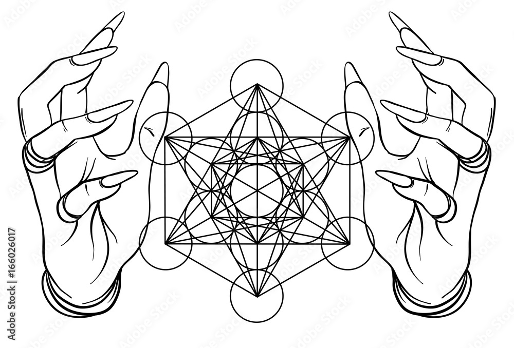 Vintage style human hands with sacred geometry symbols. Dotwork ink ...