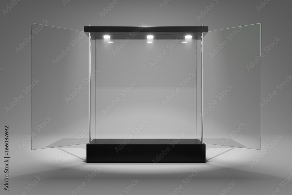 3D rendering glass cabinet front view for product show window open door ...