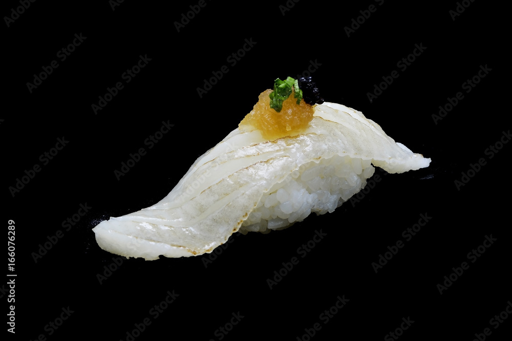 Aburi Engawa Sushi, torched flatfish on rice topping with Spring onion ...