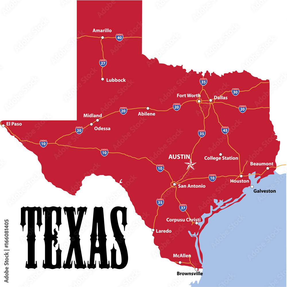 Texas Boundary Map Colour Including Main Highways Stock Vector | Adobe ...