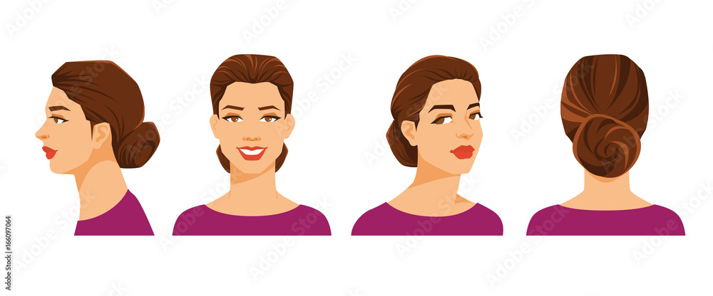 Vector illustration of woman's face on white background. Various turns ...
