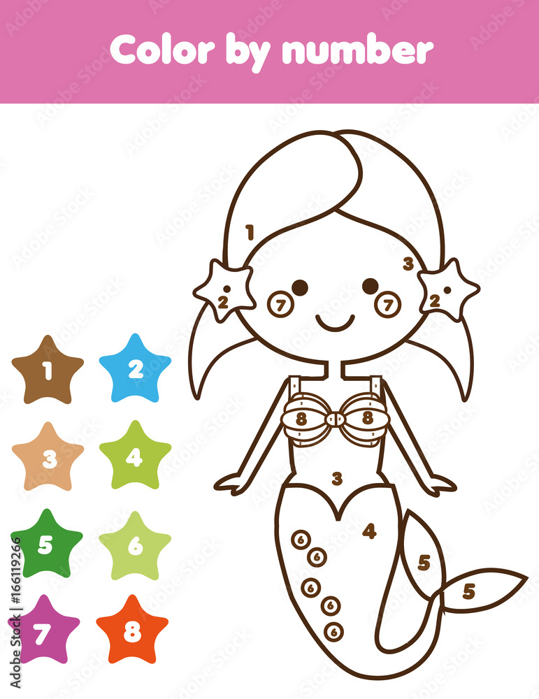 Children educational game. Coloring page with mermaid. Color by numbers ...