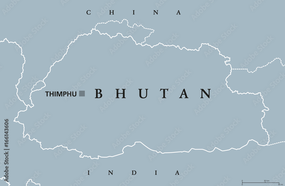 Bhutan political map with capital Thimphu and borders. English labeling ...