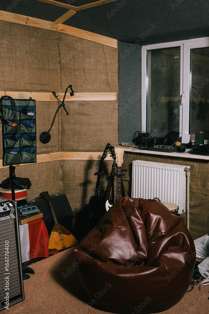 Equipment for old recording music studio. Old-fashioned place, garage ...