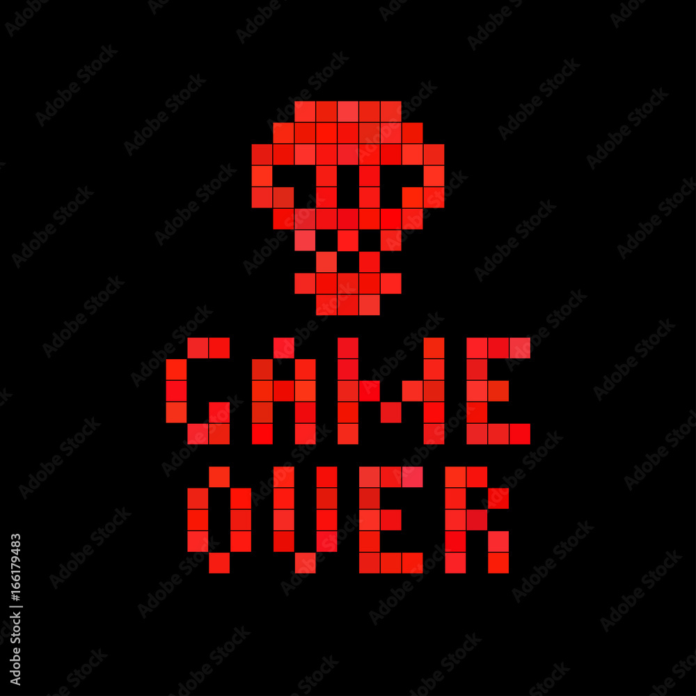 Stock-Vektorgrafik „Game over. Red pixel skull on black screen. Pixel ...