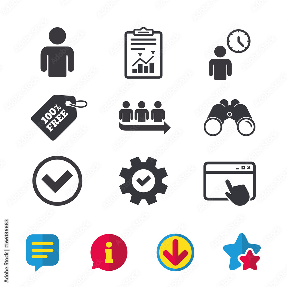 Queue icon. Person waiting sign. Check or Tick and time clock symbols ...