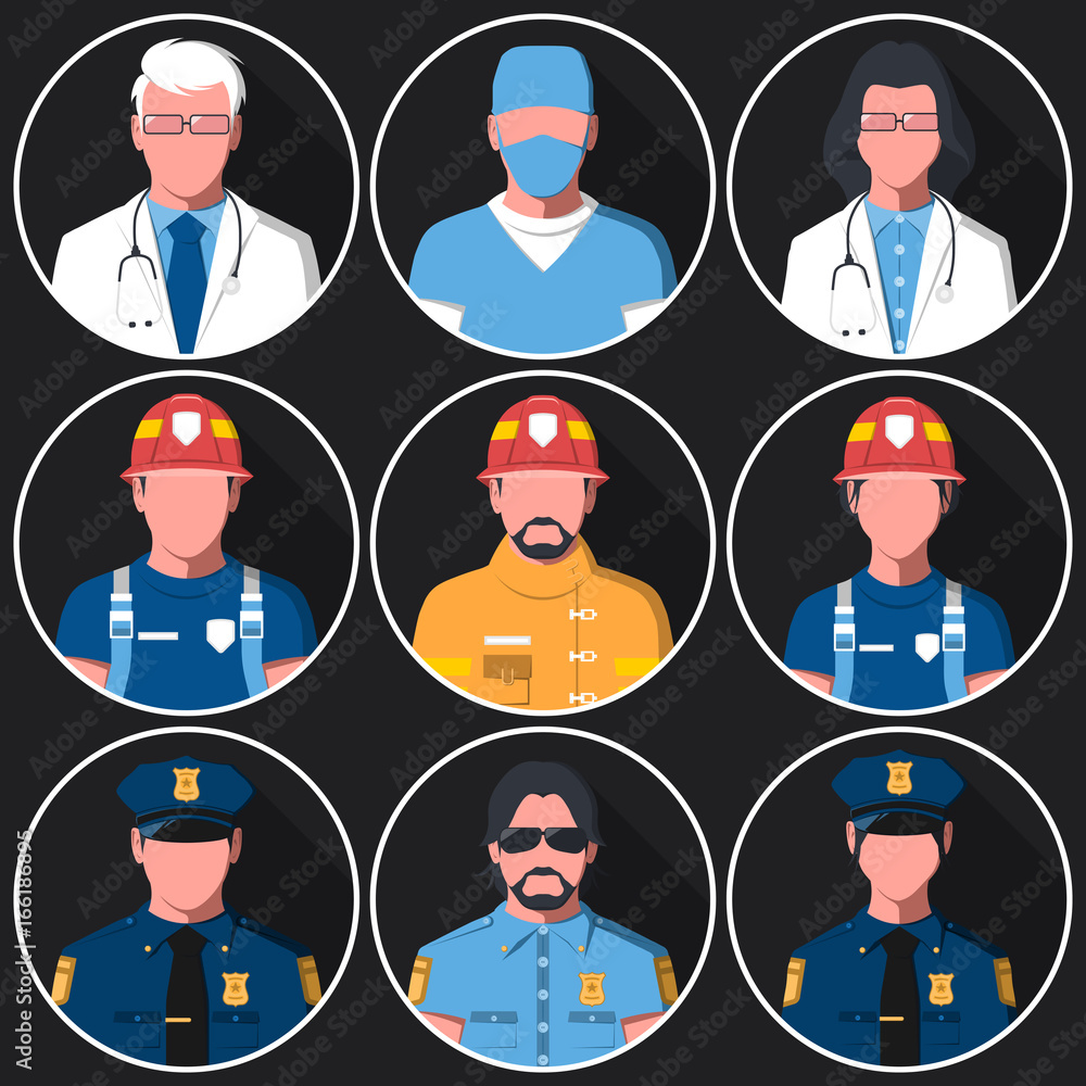 Set of flat round avatars of medical, fire and police services ...