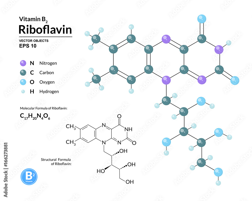 Structural chemical molecular formula and model of riboflavin. Atoms ...