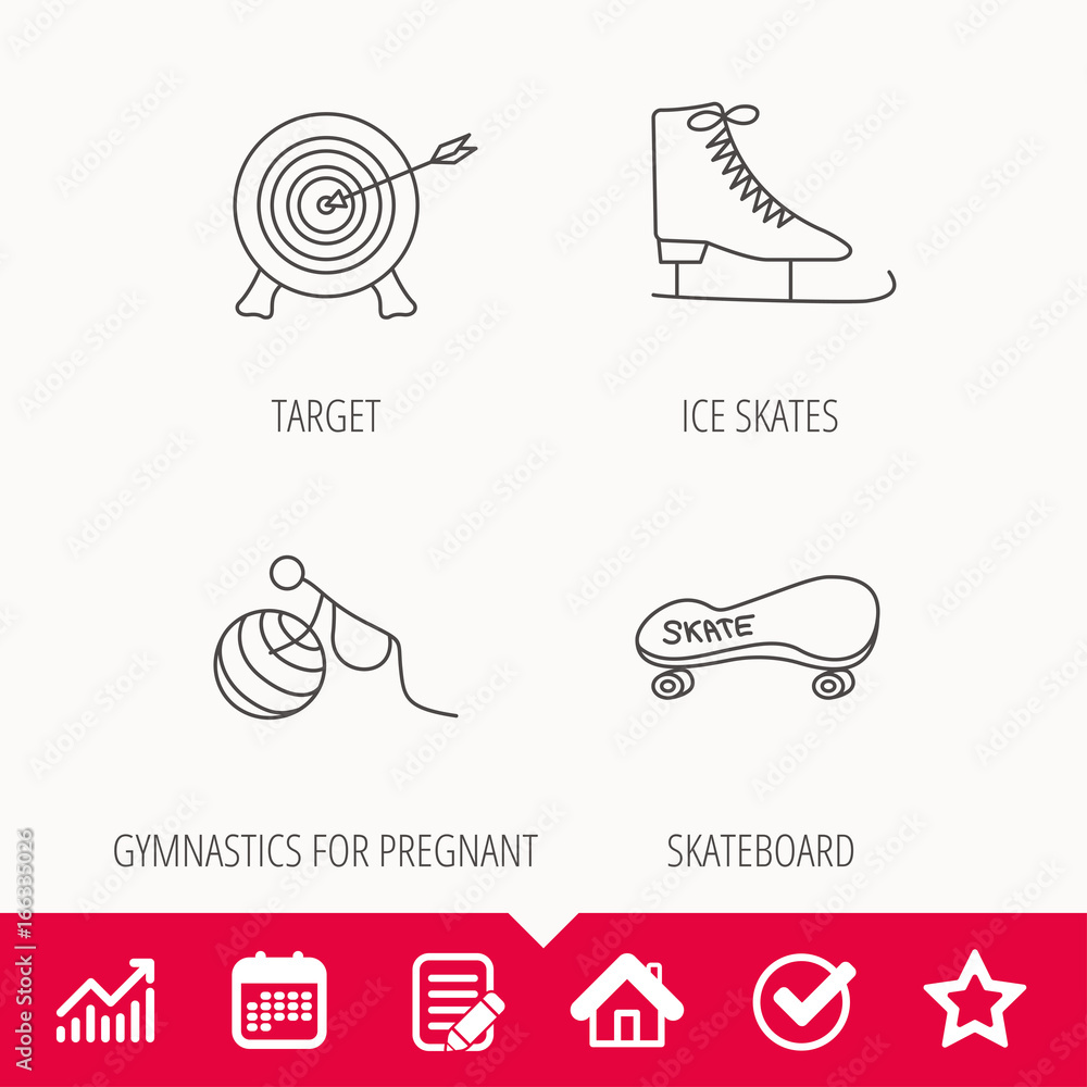Target, ice skates and skateboard icons. Gymnastics for pregnant linear ...