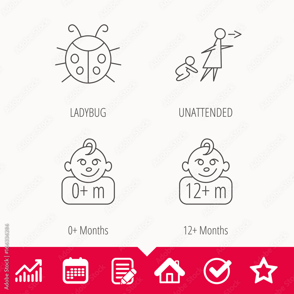 Infant child, ladybug and 0+ months child icons. Unattended child ...