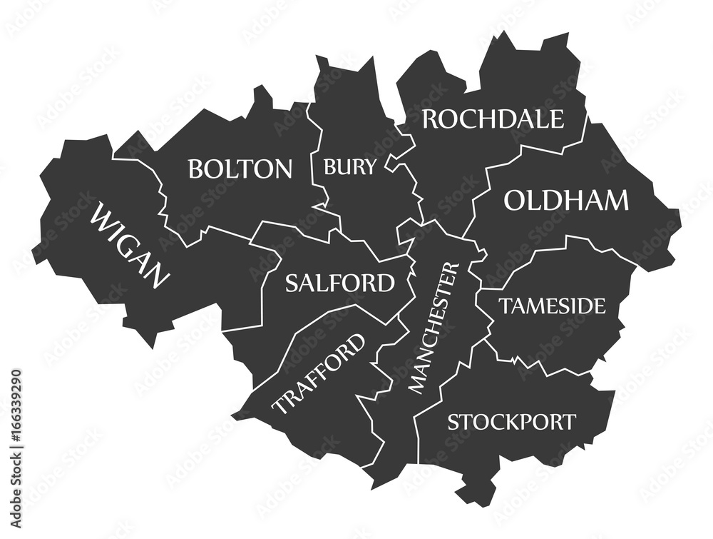 Greater Manchester metropolitan county England UK black map with white ...