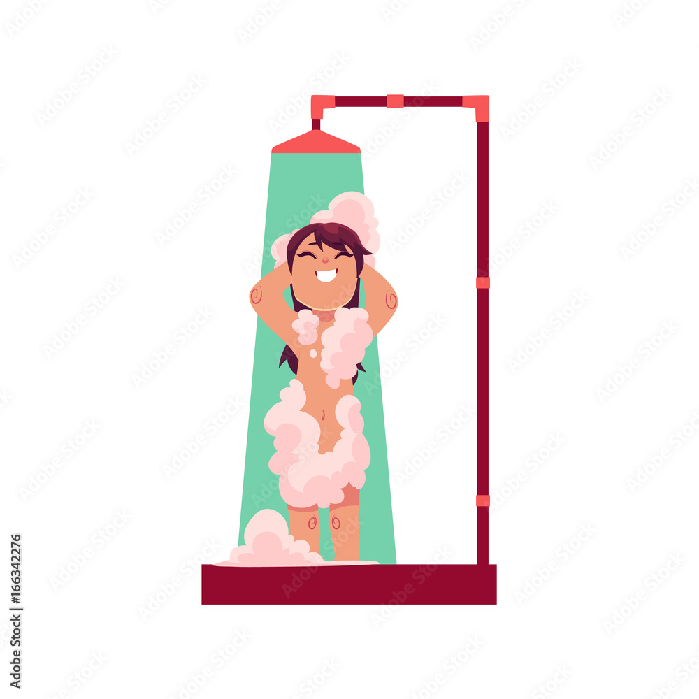 Little girl taking shower in bathroom, daily morning, evening routine ...