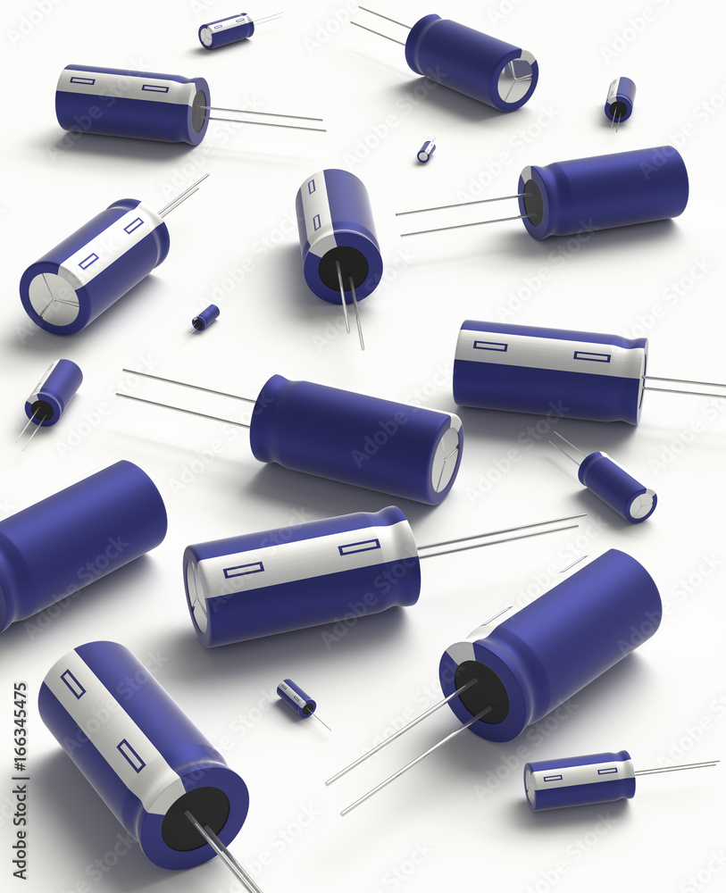 3D realistic render of blue group capacitors on white background with shadow. Stock Illustration ...