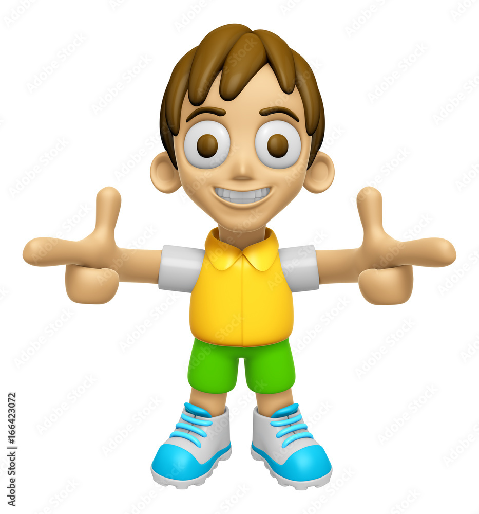 3D Child Mascot is points a finger one direction. Work and Job ...
