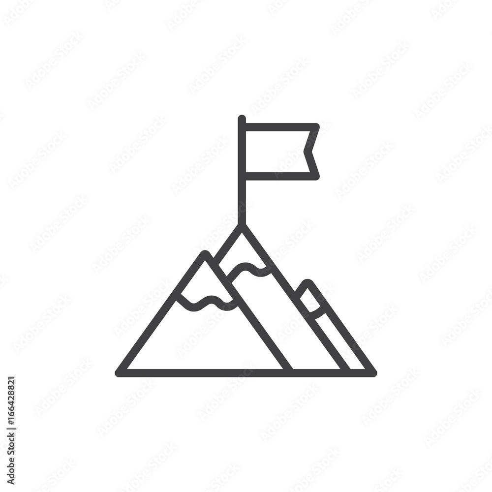 Flag on mountain top line icon, outline vector sign, linear style ...