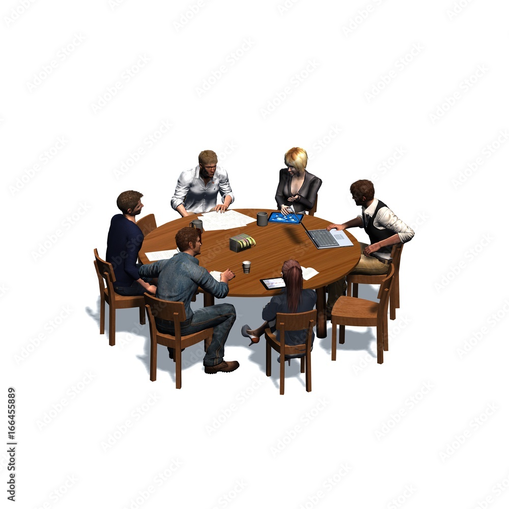 People sitting at a round table in a meeting - business - top view ...