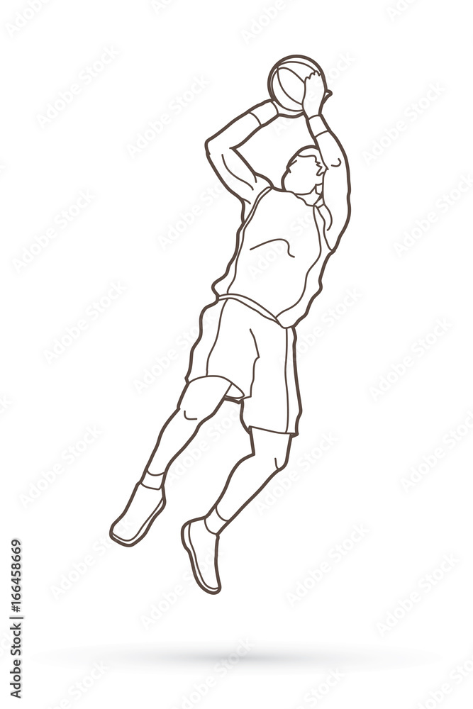 Basketball player jumping and prepare shooting a ball outline stroke ...