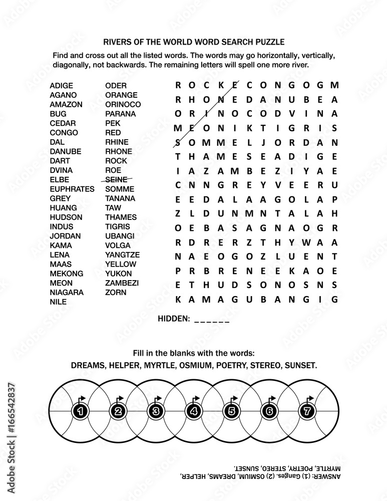 Puzzle page with two word games (English language). Rivers of the world ...
