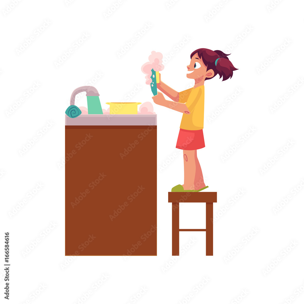 Little girl washing dishes, standing on stool at water sink, daily ...