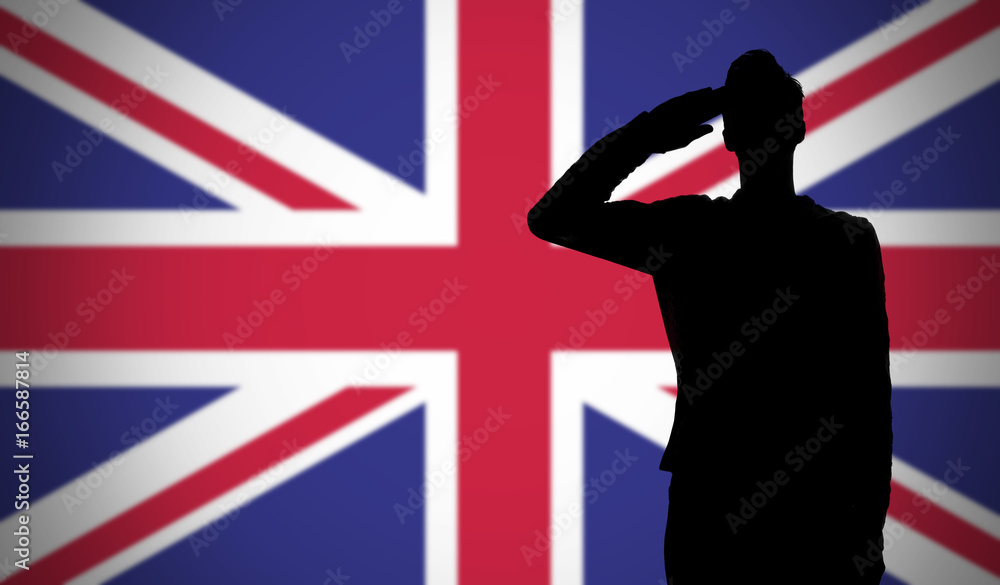 Silhouette of a soldier saluting against the uk flag Stock Illustration ...