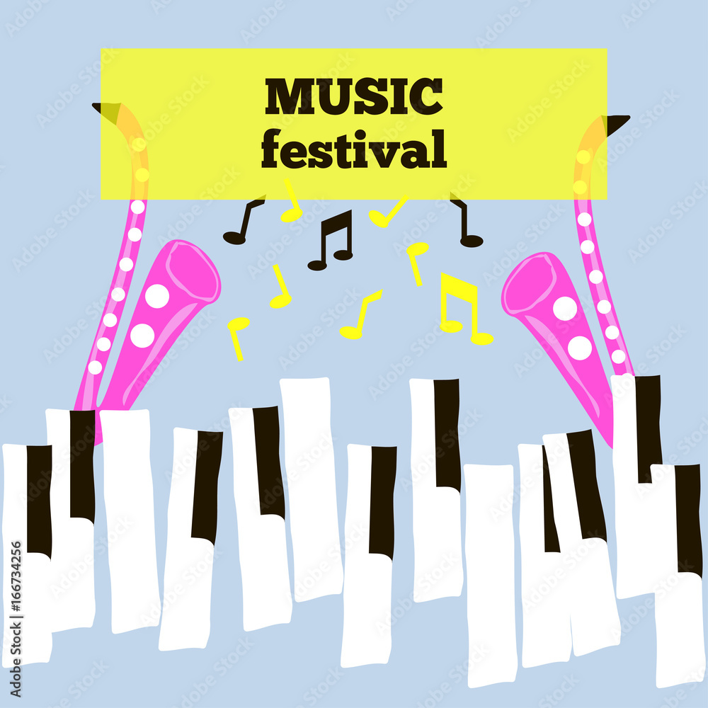 Music festival. Funny cartoon colorful poster or flyer. Vector line ...