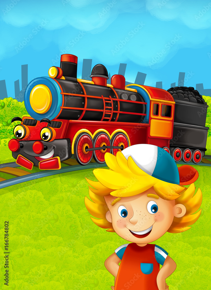 Cartoon train scene with happy kid - boy standing and looking ...